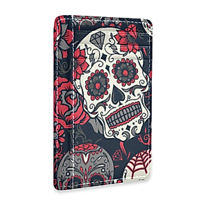 Linomo Thin leather Card Holder and Money Clip Floral Flower Sugar Skull Wallet RFID Blocking for Men & Women