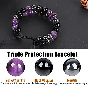 Amethyst Bracelet Triple Protection for Women Men, Purple Crystal Stone Bracelet Combine Hematite Black Obsidian, Enhance charisma and luck And Happiness, Handmade Bead Jewelry Bracelet