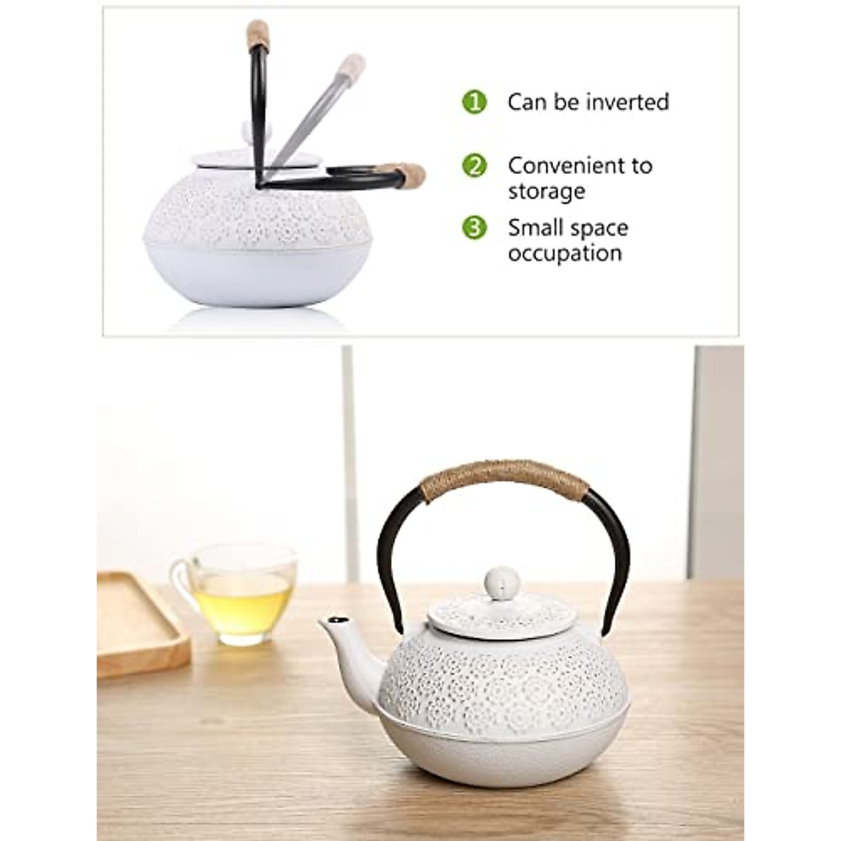 Sotya Cast Iron Teapot, 40oz/1200ml Japanese Tetsubin Tea Pot with Infuser for Loose Leaf and Tea Bags, Tea Kettle Coated with Enameled Interior for Stove Top, White