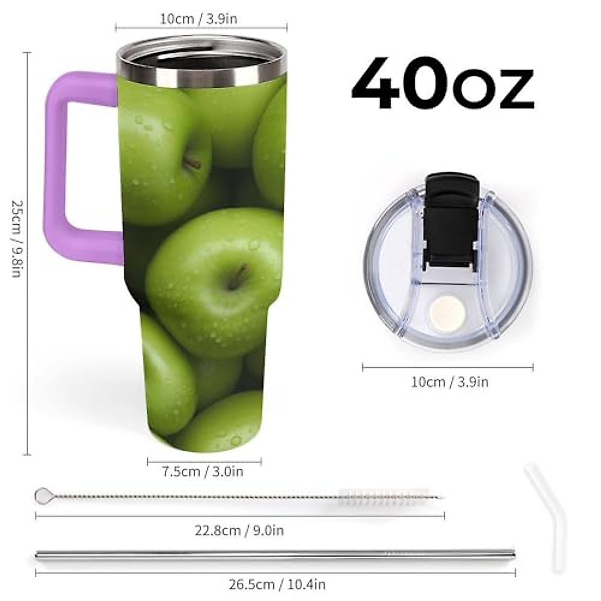 Green Apples Water Drop 40 Oz Car Cup Stainless Steel Travel Mug Leak-Proof Insulated Tumbler with Handle Violet-style