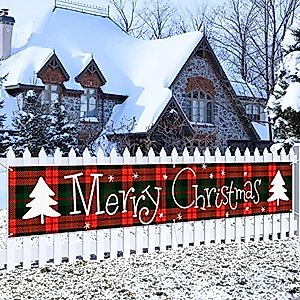 Large Merry Christmas Banner Xmas Outdoor Decorations Double Printed Green Red Buffalo Plaid Trees 120" x 20" Huge Yard Sign Holiday Party Supplies Backdrop Home Decor Ornaments for Garden House Fence Garage Indoor Gifts