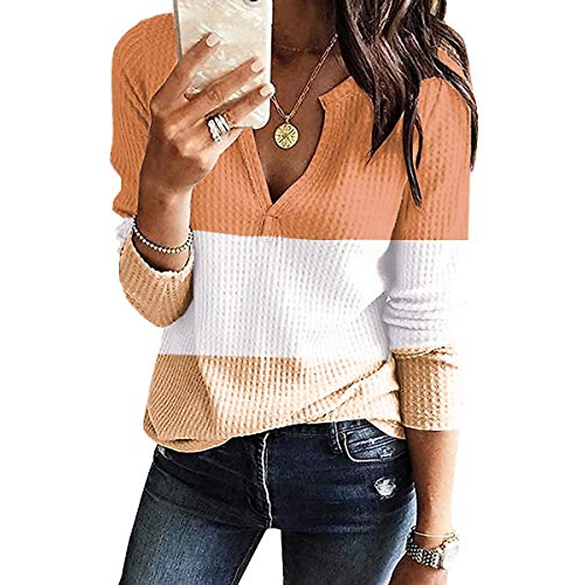 Womens V Neck Shirts Long Sleeve Waffle Knit Loose Fitting Warm Tee Tops Pullover Sweaters (Large, White&Coral&Light Khaki)