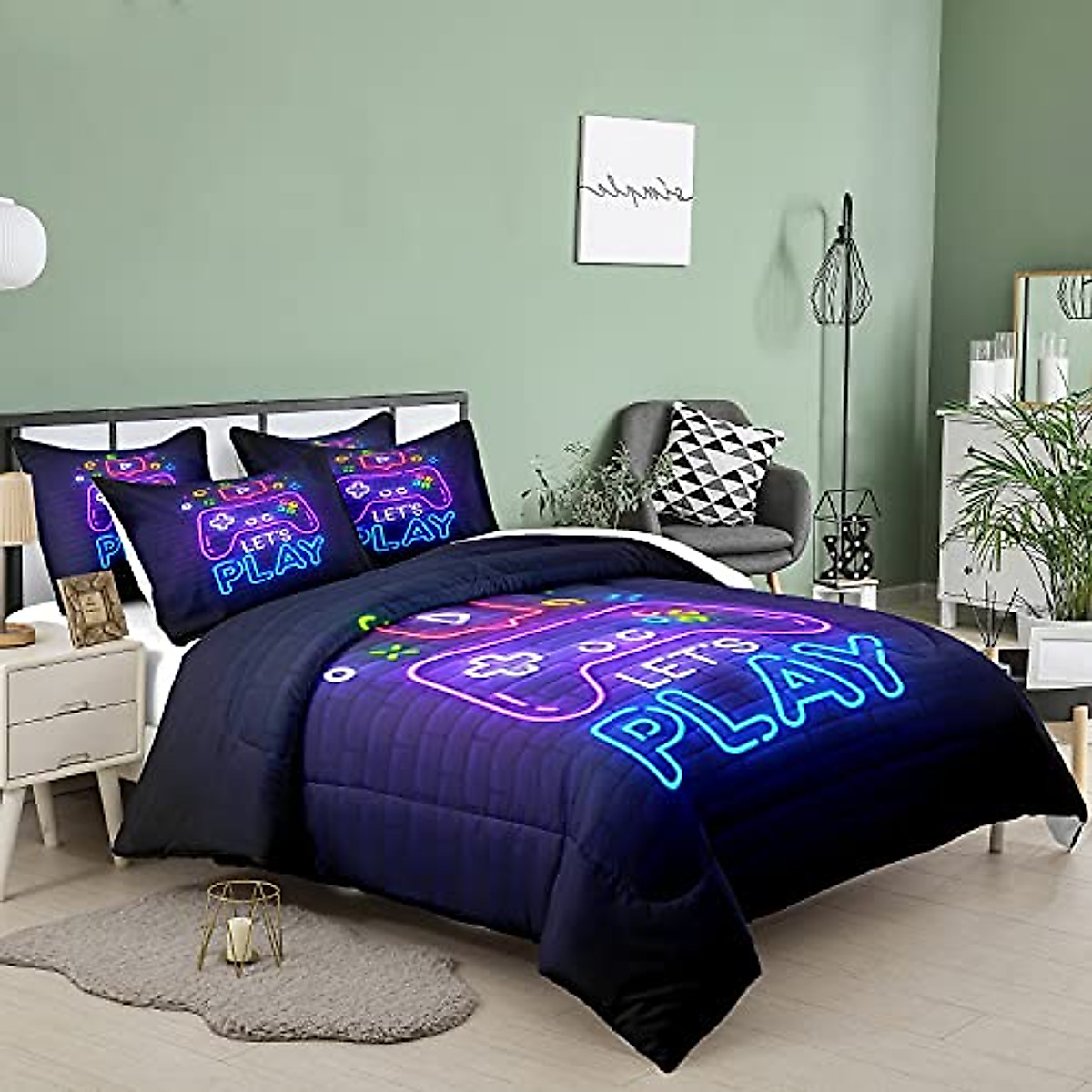 NINENINE Gaming Comforter Sets for Boys Full Size Bedding,Gamer Comforter for Kids Adult, Video Game Controller Bed Set with 1 Comforter 2 Pillowcases