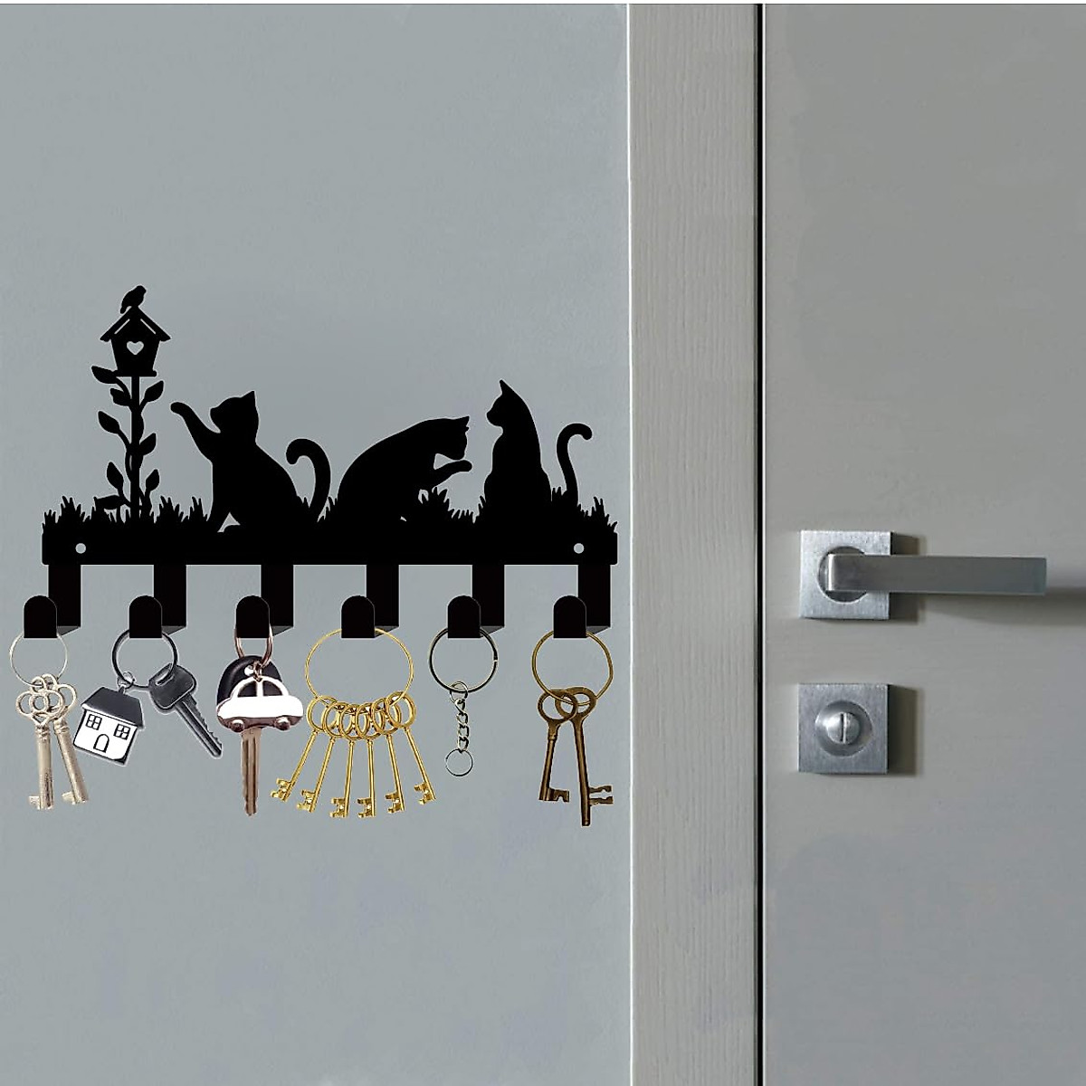 CREATCABIN Black Cats Key Holder for Wall Key Hanger Metal Key Organizer Coat Rack with 10 Hooks Key Hanging Holder Iron Wall Mount Hooks Wall Decorative for Entry Hallway Front Door 10.6x6.3Inch