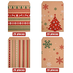100 Pieces Christmas Kraft Treat Bags Christmas Goody Bags Kraft Holiday Paper Gift Bags Buffet Paper Bags for Christmas Party Favor,4 Styles