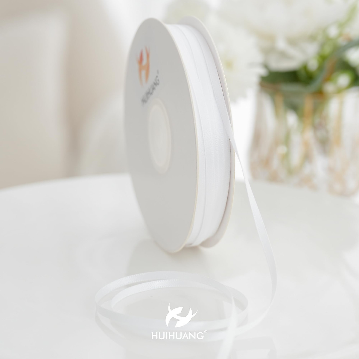 HUIHUANG Solid Color Satin Ribbon 1/8 inch x 100 Yards Roll Ribbon for Crafts (White)