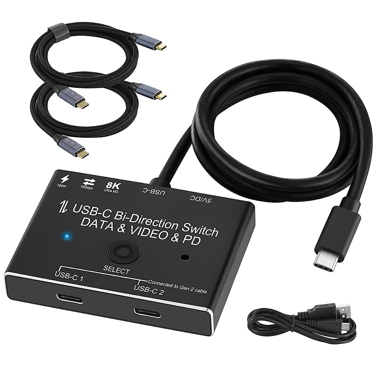 Angusplay USB-C Switch Upgrade Version Supports 4K@120Hz 8K@60Hz Video / 10Gbps Data Transfer / 100W Charging Compatible with Thunderbolt Device, Black