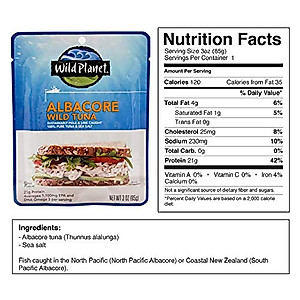 Wild Planet Wild Albacore Tuna, Sea Salt, Sustainably Wild-Caught, Kosher, Gluten Free, Keto and Paleo, 3rd Party Mercury Tested, 3 Ounce Pouch (Pack of 1)