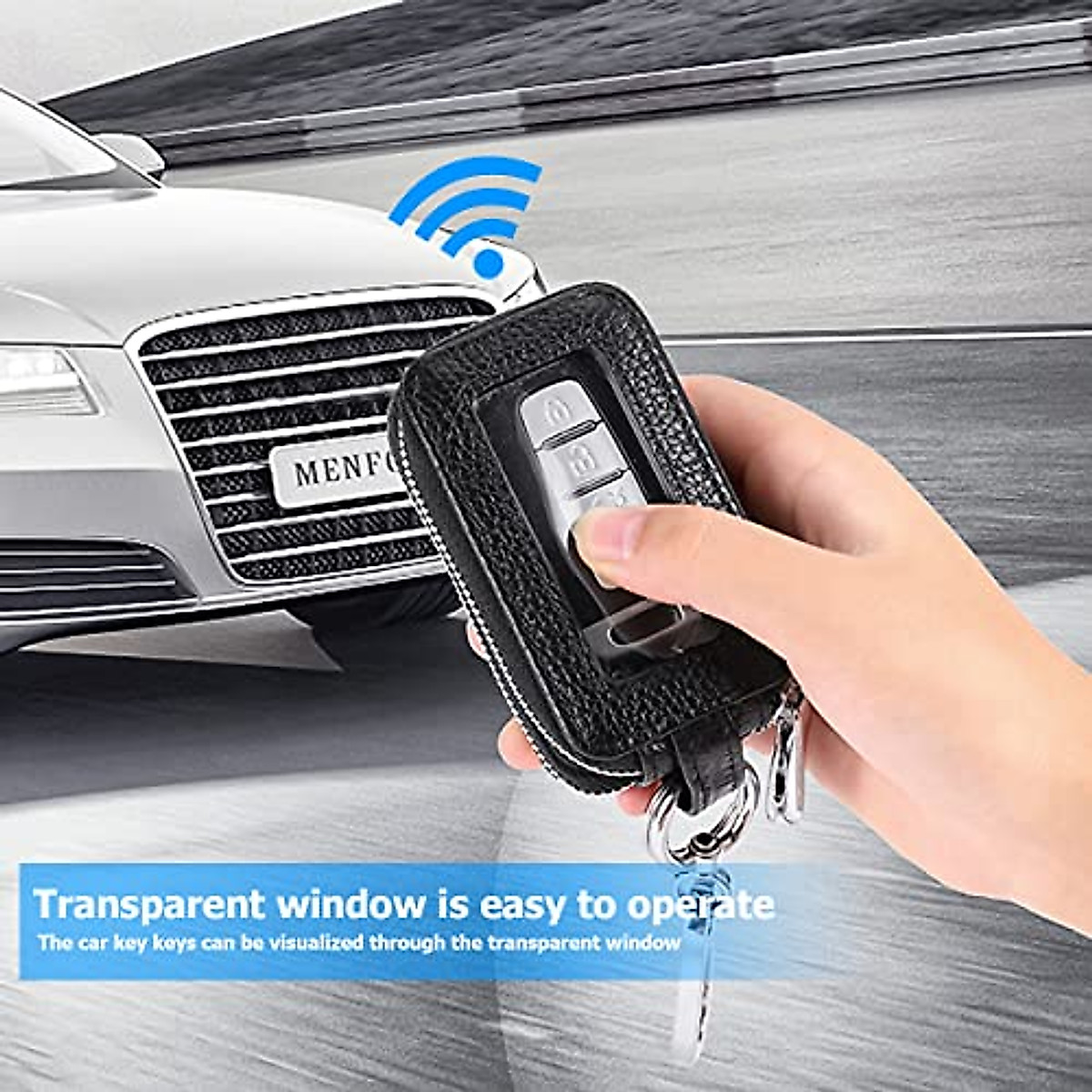 Car Key Fob Case, Genuine Leather Remote Keychain Bag with Lanyard and Zipper Closure, Key Protection Cover for Men Women (Black)