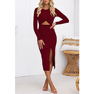 Pink Queen Knit Bodycon Dresses for Women Long Sleeve Cutout Twist Ruched Slit Christmas Date Night Midi Dress Red M