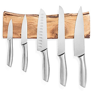 IMPROVED STRONGER Magnetic Knife Holder - Wood Knife Block - Knife Strip - Kitchen Organizer - Live Edge, Holds 5 Knives