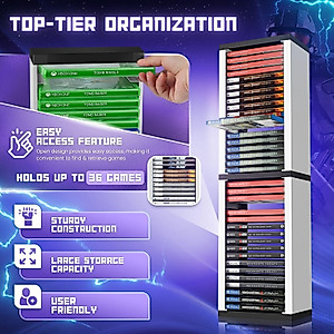 TNP Universal Video Game Storage Tower for PS5, PS4, PS3, Nintendo Switch, Xbox One, Xbox Series S/X - White Video Game Holder Organizer Stand with 36 CD Case Storage for Organizing & Displaying