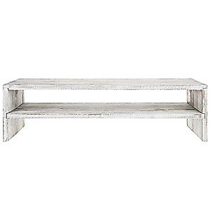 MyGift Shabby Whitewashed Wood Computer Monitor and Laptop Riser Stand for Desk, 2 Tier Office Desktop Storage Shelf