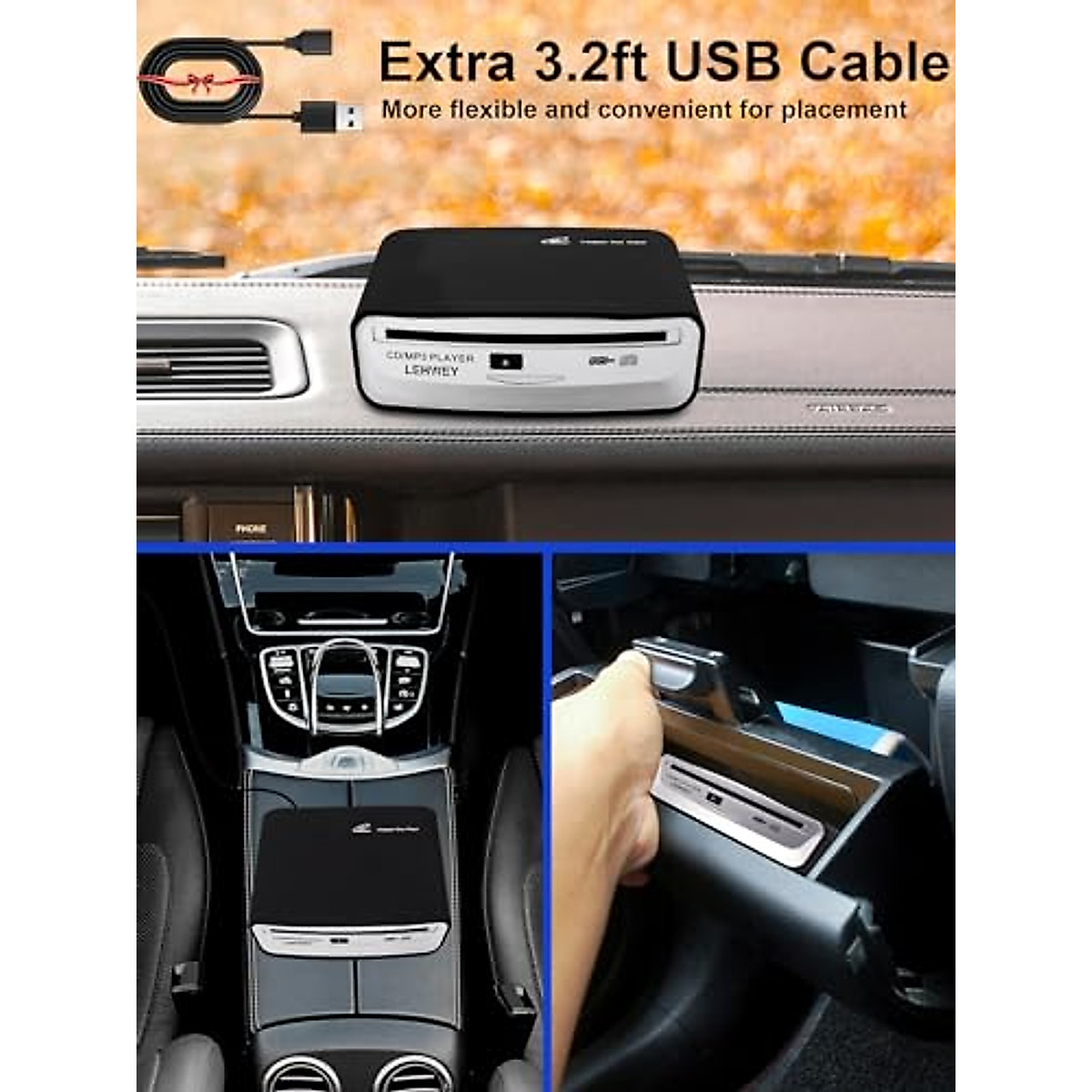 External Universal CD Player for Car - LEHWEY Portable CD Player with Extra USB Extension Cable, Plugs into Car USB Port, Laptop, TV, Mac, Computer, for Android 4.4 and Above Navigation