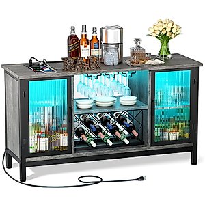 Zarler Bar Table Cabinet with Power Outlet and Light, LED Wine Bar Stand for Liquor and Glasses, Metal Home Mini Bar with 4-Tier Storage (Dark Grey), 13.4″D x 47″ W x 29.5″H, WBC001