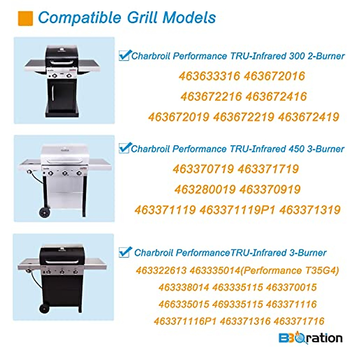 BBQration Grill Parts Replacement for Charbroil Performance TRU‑Infrared 2-Burner Gas Grill 463633316 463672016 463672019 463672219 463672419 463672216 463672416