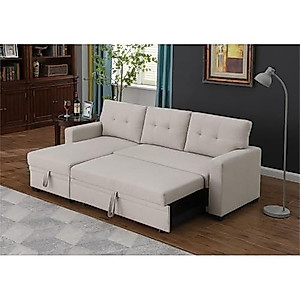 Pemberly Row Polyester Fabric Reversible Sleeper Sectional Sofa in Beige