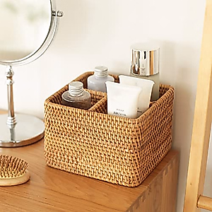 Handweaved Rattan 4 Compartments Cooking Utensil Holder Storage Box Cosmetics Organizer Silverware Caddy Handmade Flatware Caddy and Bottle Serving Basket (180mm 4-Compartment Box)