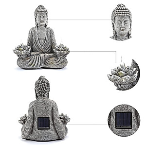 NC Buddha Statue Zen Sculpture, Yoga Garden Decor with LED Solar Flowers Lights, Sitting Meditating Buddha Serene Decorative Figurinefor Patio Yard Lawn Ornaments, Backyard,Inside or Outside