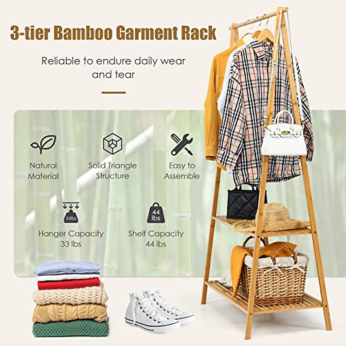 Tangkula Bamboo Garment Rack, Freestanding Clothes Rack with 2-Tier Storage Shelves, Easy Assemble, Space-Saving Clothing Rack for Entryway, Bedroom (Natural)
