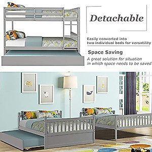 HOUAGI Full Over Full Bunk Bed with Trundle,Full Bunk Bed with Ladder and Safety Rails,Grey