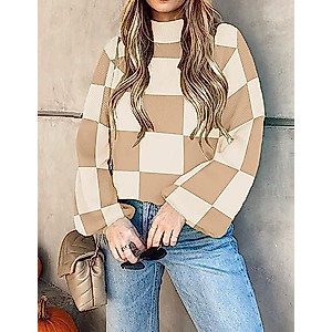 ZESICA Women's 2023 Fall Fashion Turtleneck Long Sleeve Striped Ribbed Knit Loose Pullover Sweater Tops,KhakiPlaid,Small