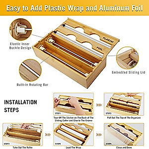 Wizsofer 2 in 1 Foil and Plastic Wrap Organizer, Bamboo Plastic Wrap Dispenser with Cutter and Labels, Plastic Wrap, Wax Paper, Aluminum Foil Organization and Storage for Drawer, Fits with 12" Roll