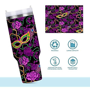 RPLIFE Floral Purple 40oz Tumbler with Handle, Stainless Steel Coffee Mug, Insulated Cups with Lids