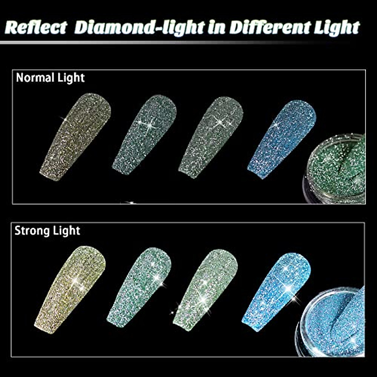 Allstarry Diamond Nail Glitter 4 Colors Sparkling Korea Reflective Glitter Diamond Dust Fine Powder Shiny Pigment Craft Sequins Nail Supplies for Nail Art Gel Polish Crafts Party Nightclub Wedding