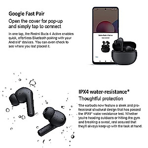 Xiaomi Redmi Buds 4 Active TWS Wireless Earbuds, Bluetooth 5.3 Low-Latency Game Headset with AI Call Noise Cancelling, IP54 Waterproof, 28H Playtime, Lightweight Comfort Fit Headphones, Black