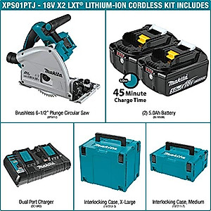Makita XPS01PTJ 18-Volt X2 LXT Lithium-Ion (36V) Brushless Cordless 6-1/2 inch Plunge Circular Saw Kit (5.0Ah) with 199140-0 39 inch Guide Rail