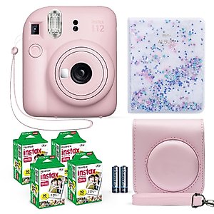 Fujifilm Instax Mini 12 Instant Camera Blossom Pink + Fuji Film Value Pack (40 Sheets) + Shutter Accessories Bundle, Incl. Compatible Carrying Case, Quicksand Beads Photo Album 64 Pockets