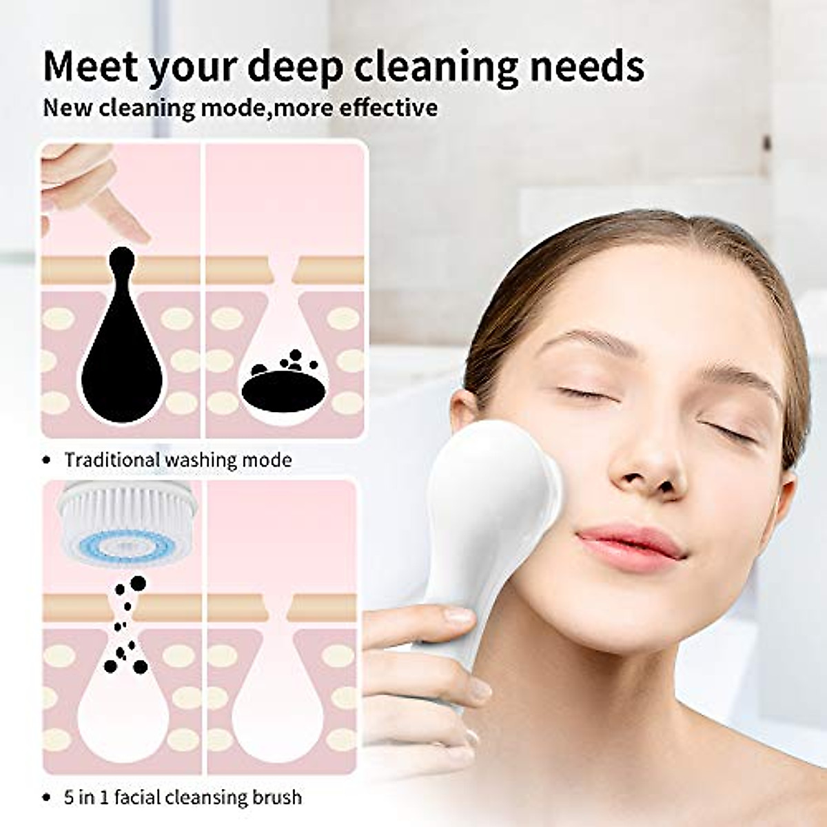 MALKERT Facial Cleansing Brush with 5 Brush Heads, 3 Modes Skin Care Brush Device, Electric Rechargeable Waterproof Face Spin Brush, Massager for Deep Cleansing and Scrubbing, Exfoliating