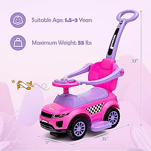 OLAKIDS 4 in 1 Ride on Push Car, Toddlers Stroller Sliding Walking with Horn, Music, Lights, Removable Guardrails and Handle, Underneath Storage, Baby Foot-to-Floor Walker Boys Girls (Pink)