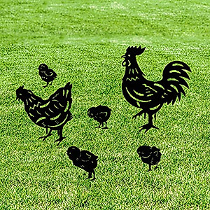 6Pcs Chicken Yard Art Garden Metal Statue Decor, Lifelike Rooster Hen Animals Stakes Outdoor Decorations, Black Hollow Out Chickens Family Silhouette Sets for Farmhouse Pathway Lawn (B)