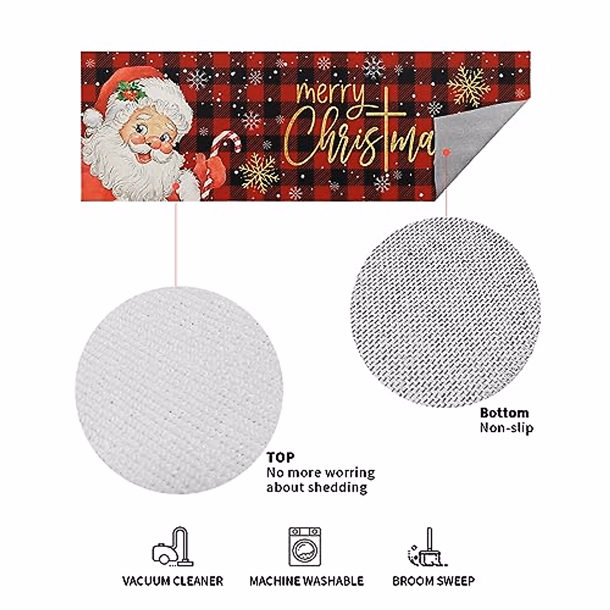 Floor Mat Kitchen Rug Santa Claus Merry Christmas Winter Snow Washable Doormat Non Slip Bathroom Rugs,Red Black Buffalo Plaid Absorbent Carpet for Bedroom Laundry Living Room Sink 18x60in