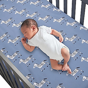 Lambs & Ivy Signature Zebra Blue Organic Cotton Breathable Fitted Crib Sheet