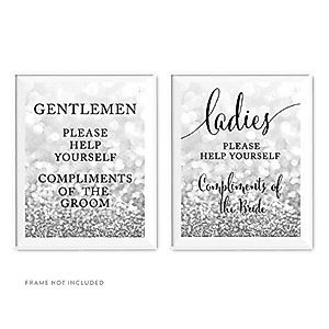 Andaz Press Wedding Party Signs, Glitzy Silver Glitter, 8.5x11-inch, Ladies Gentlemen Bathroom Basket Compliments of Bride Groom, 2-Pack