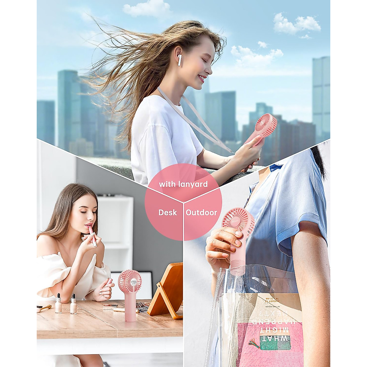 Aluan Handheld Fan Mini Fan Portable Hand Held Fan Rechargeable 4800mAh Battery Operated Fan with Power Bank Powerful 3 Speeds Small Personal Fan for Travel Makeup Kids Women Men, Pink