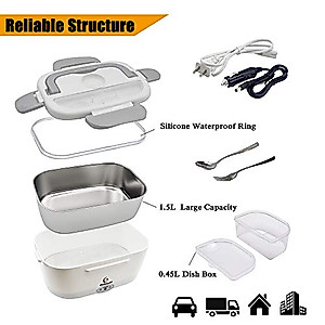 Electric Lunch Box Food Warmer,Oakaylif 2 IN 1 Portable Heated Lunch Boxes for Truck/Home/Office 110V&12V 55W with 2 Compartments,1.5L 304 Stainless Steel Container,SS Fork & Spoon and Insulation Bag