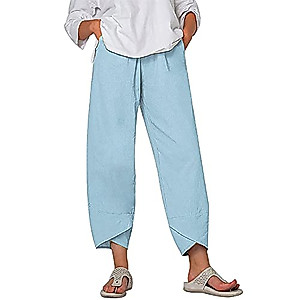 LIUguoo 2024 Summer Pants for Women Casual Pockets Cotton Linen Wide Leg Drawstring Elastic Waist Capris Crop Pants Slacks Light Blue
