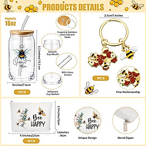 Hushee Set of 3 Bee Theme Gifts Honey Bee Cup Wine Glass with Lid Straw and Bee Makeup Bag and Bee Keychain for Thanksgiving Christmas Gifts for Women Teachers Employee Bee Lovers