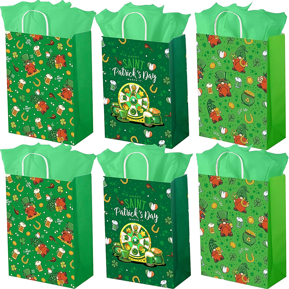 SPERPAND 24 Pcs St. Patrick's Day Gift Bags with 24 Tissues, Paper Goodie Favor Bags with Handles, Green Clover Shamrock Bags Patrick Day Party Accessories (3 styles)