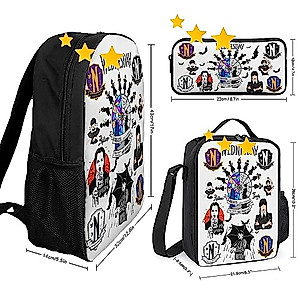 UDNHYET Wednesday Backpacks Set 3Pcs Multifunction Travel Bag with Lunch Box Pencil Case for Gifts