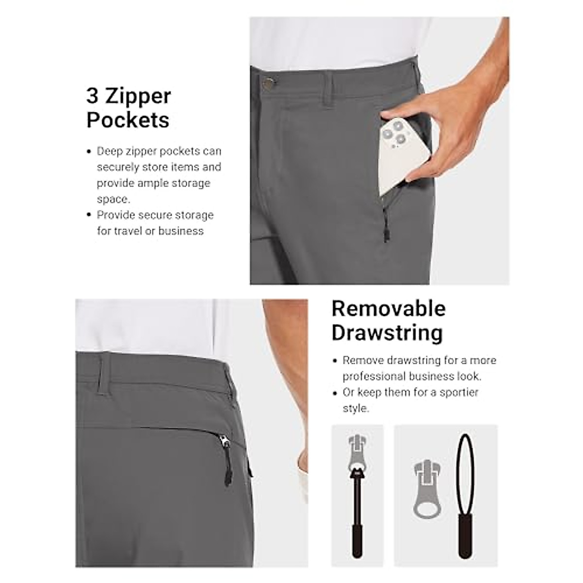 SPECIALMAGIC Golf Pants Men Stretch Slim fit Hiking Pants Lightweight Dress Casual Tapered Zipper Pockets Grey,34-32