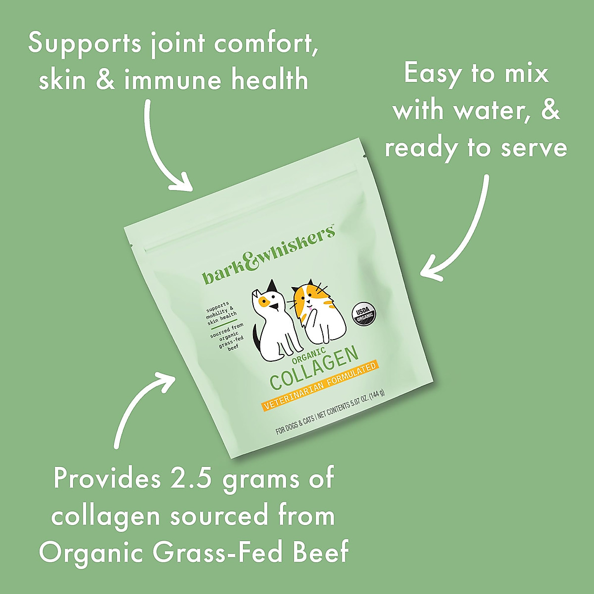 Bark & Whiskers Organic Collagen for Dogs & Cats, 5.07 oz. (144 g), 30 Scoops, Organic Grass-Fed Beef, Supports Mobility & Skin Health, Veterinarian Formulated, Certified USDA Organic, Dr. Mercola