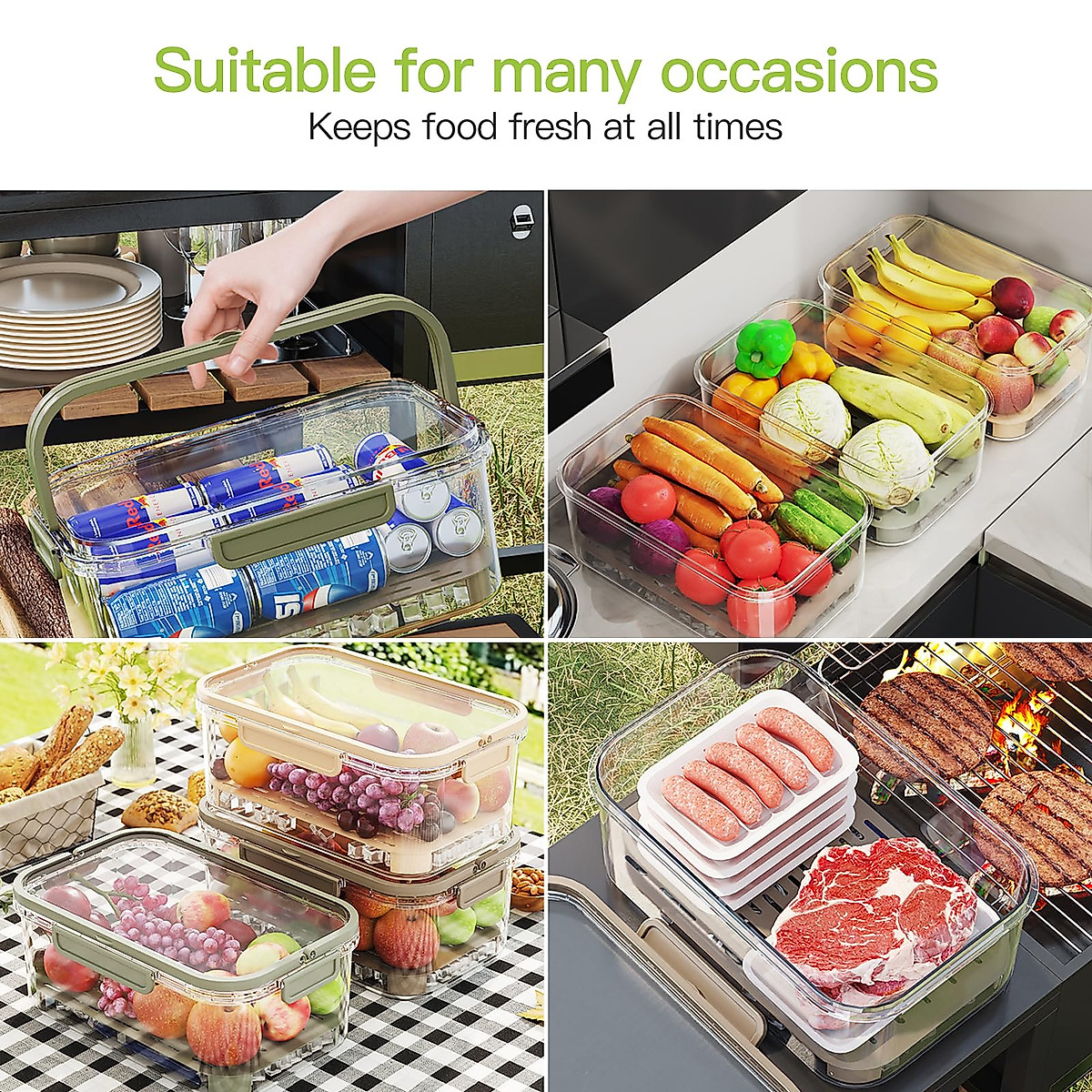 Fruit Storage Berry Keeper Container with Lid and Handle, Portable Food Storage Saver Containers with Ice Pack, for Picnic, Office, Refrigerator, Fridge, Keep Fruit, Vegetable, Meat Fresh (Green)