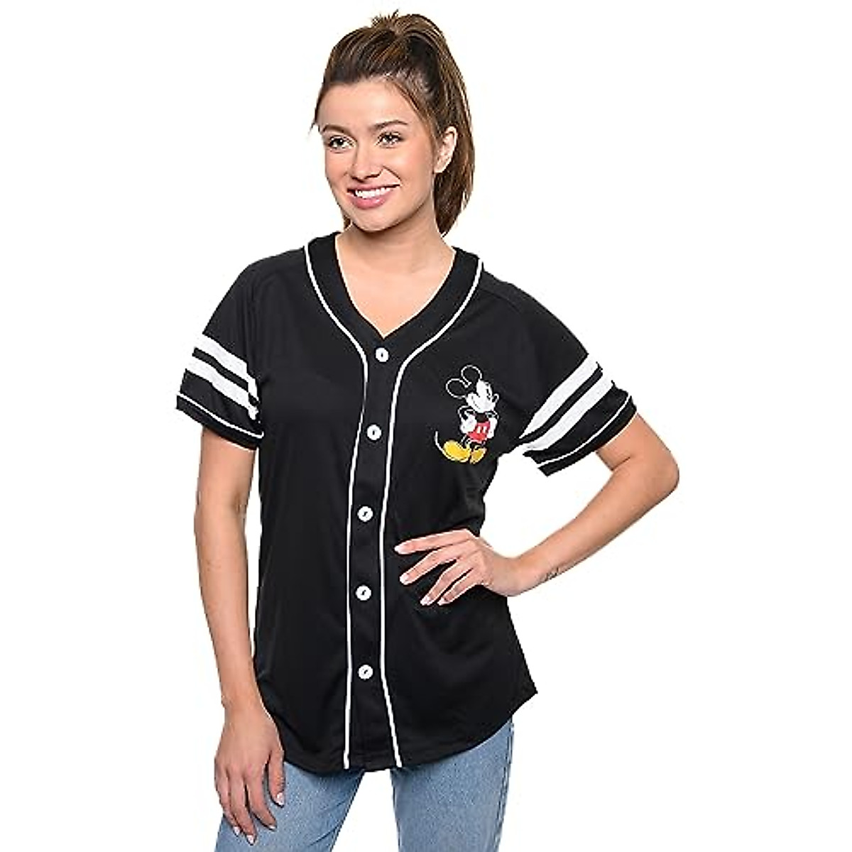 Disney Mickey Mouse 28 Womans Jersey Shirt Button (Black, XX-Large)
