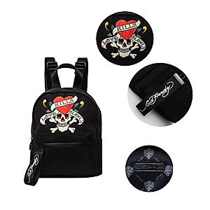 Ed Hardy Unisex Nylon Skull On Black Backpack with Top Handle and Adjustable Shoulder Strap