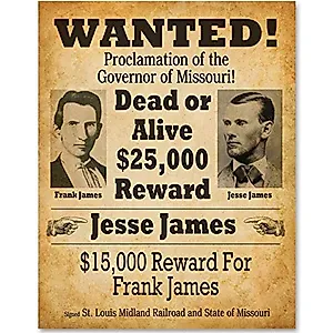 Jesse James Wanted Art Print- 11x14 Unframed Print - Makes a Great Man Cave Decor and Gift Under $15 for Westerns Fans